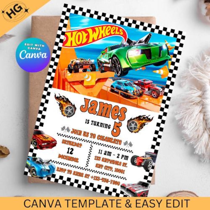 Editable Hot Wheels Birthday Party Invitation, Hot Racing Cars Birthday ...