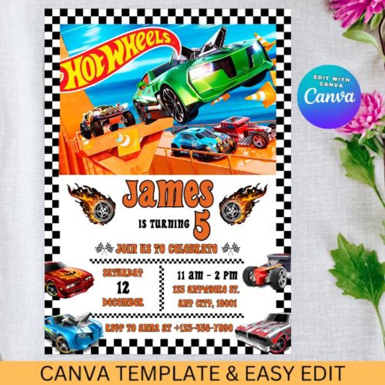 Editable Hot Wheels Birthday Party Invitation, Hot Racing Cars Birthday ...