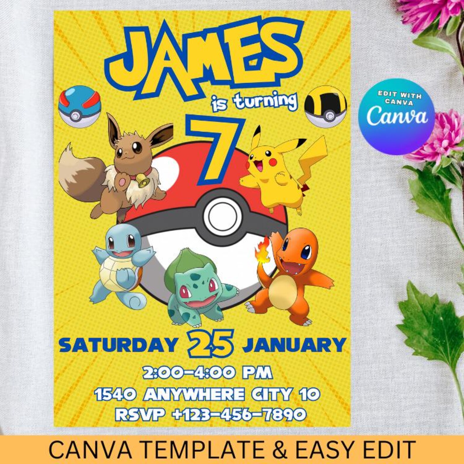 Pikachu Card Birthday Invitation With Picture Photo Printable Editable ...