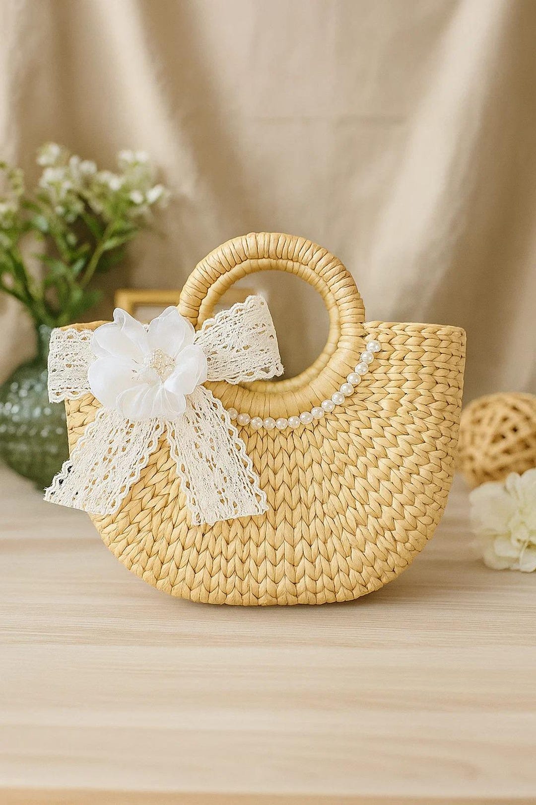 Handmade Straw Bridal Bag – Semi Circle Woven Tote With Pearl Trim ...