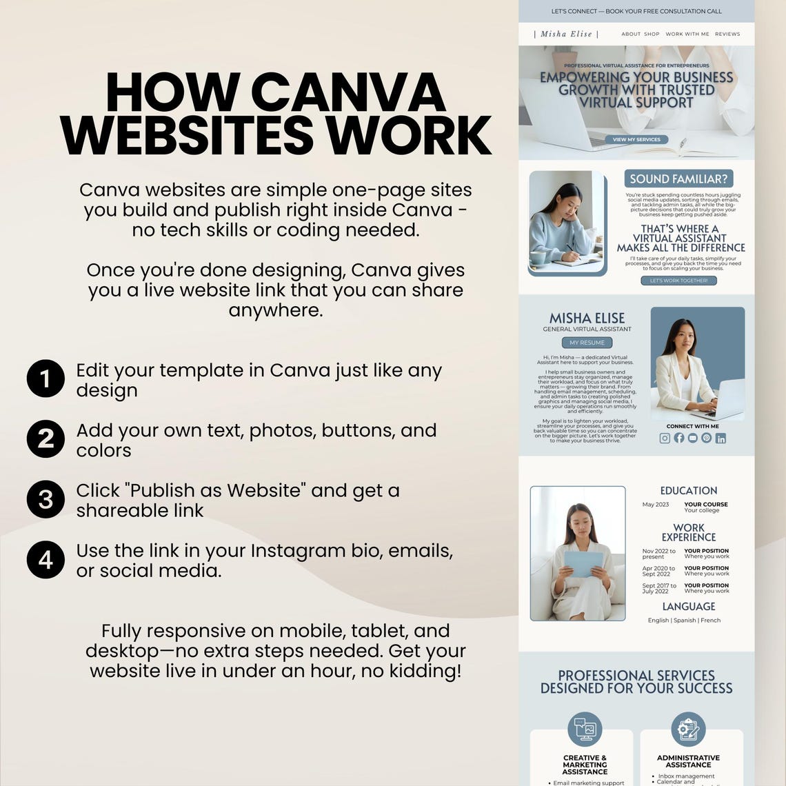 Editable Virtual Assistant Website Template for Canva | Modern VA ...