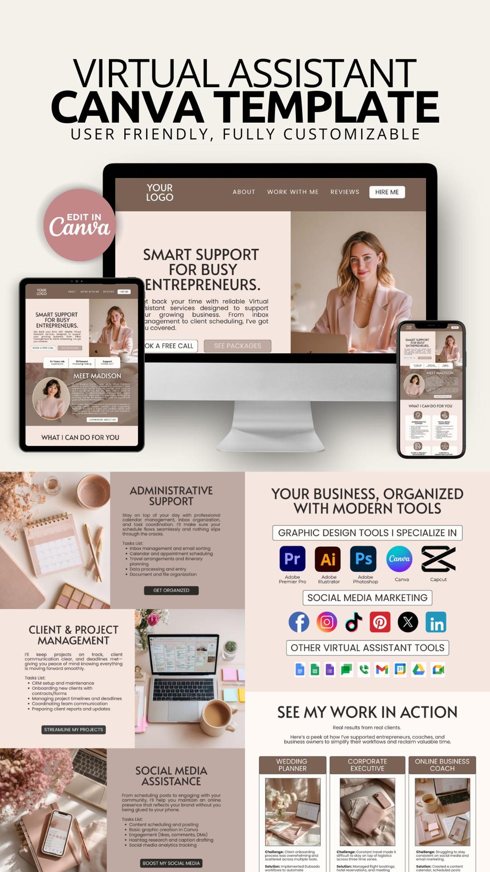 Editable Virtual Assistant Portfolio Website Template for Canva ...