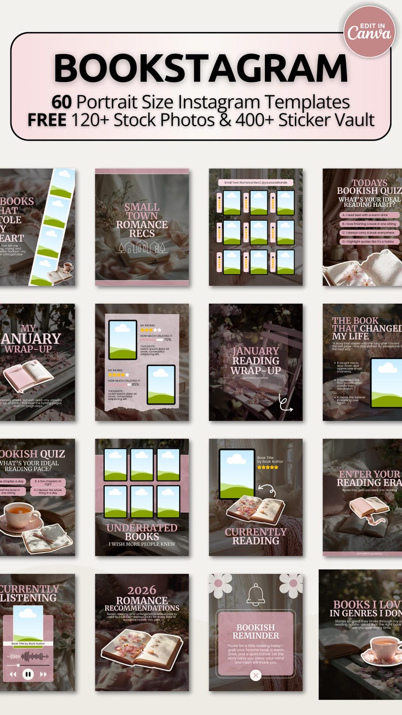 Pastel Blush Bookish Carousel Template | Aesthetic Canva Posts for ...