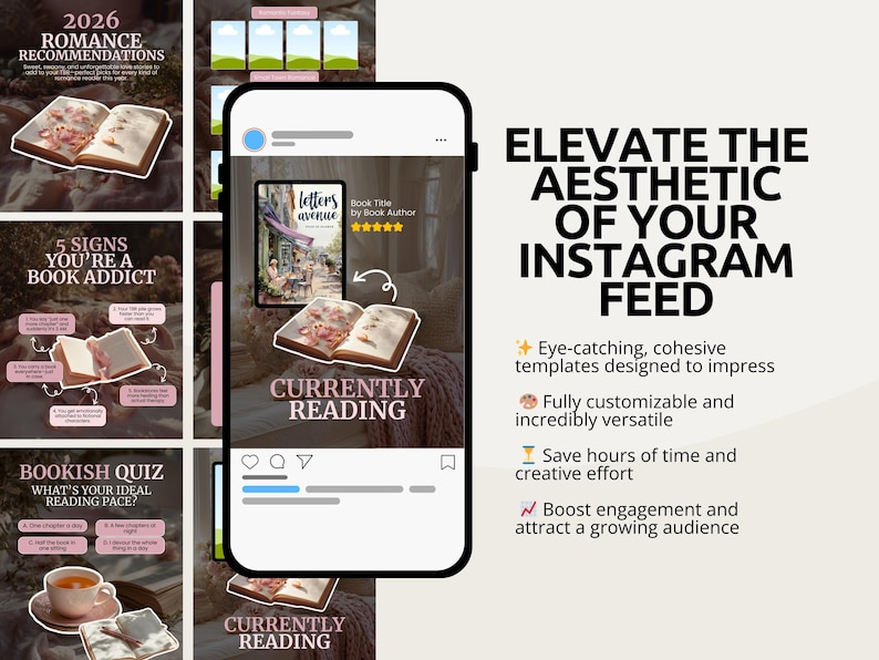 Pastel Blush Bookish Carousel Template | Aesthetic Canva Posts for ...