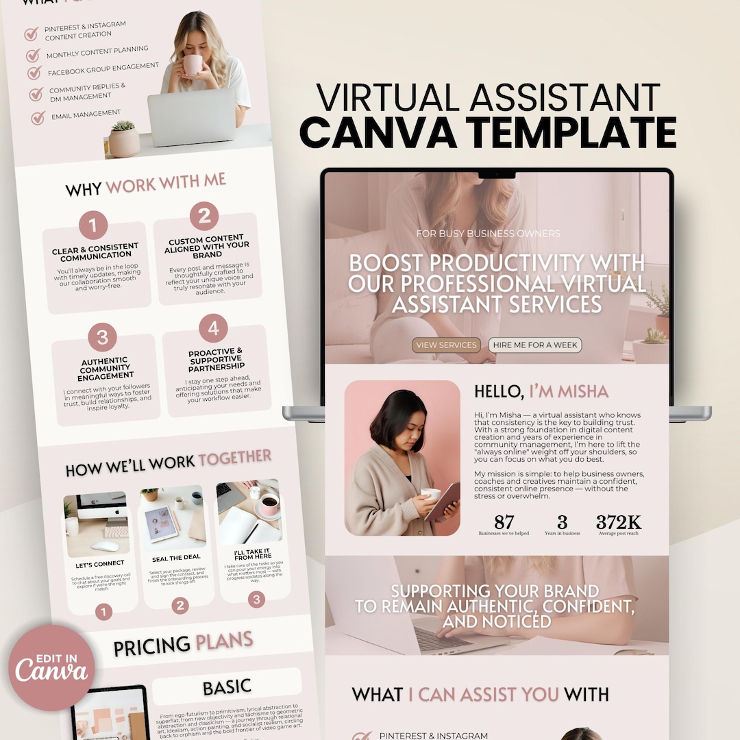 Virtual Assistant Portfolio Website Template – Editable Canva Design ...