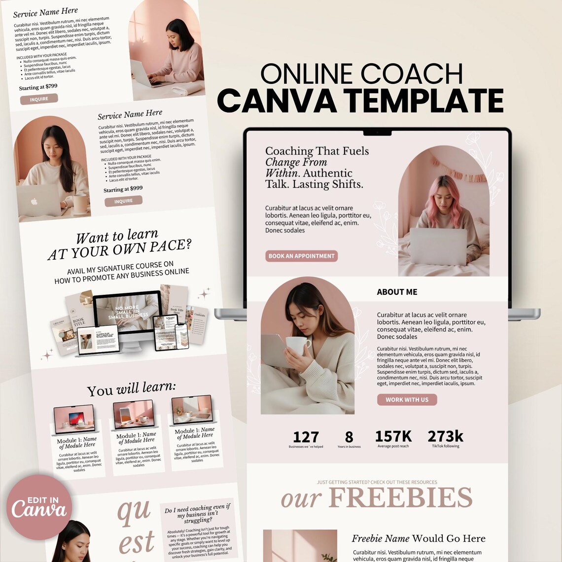 Coach Website Template Blush Pink | Life Coach Landing Page Coaching ...