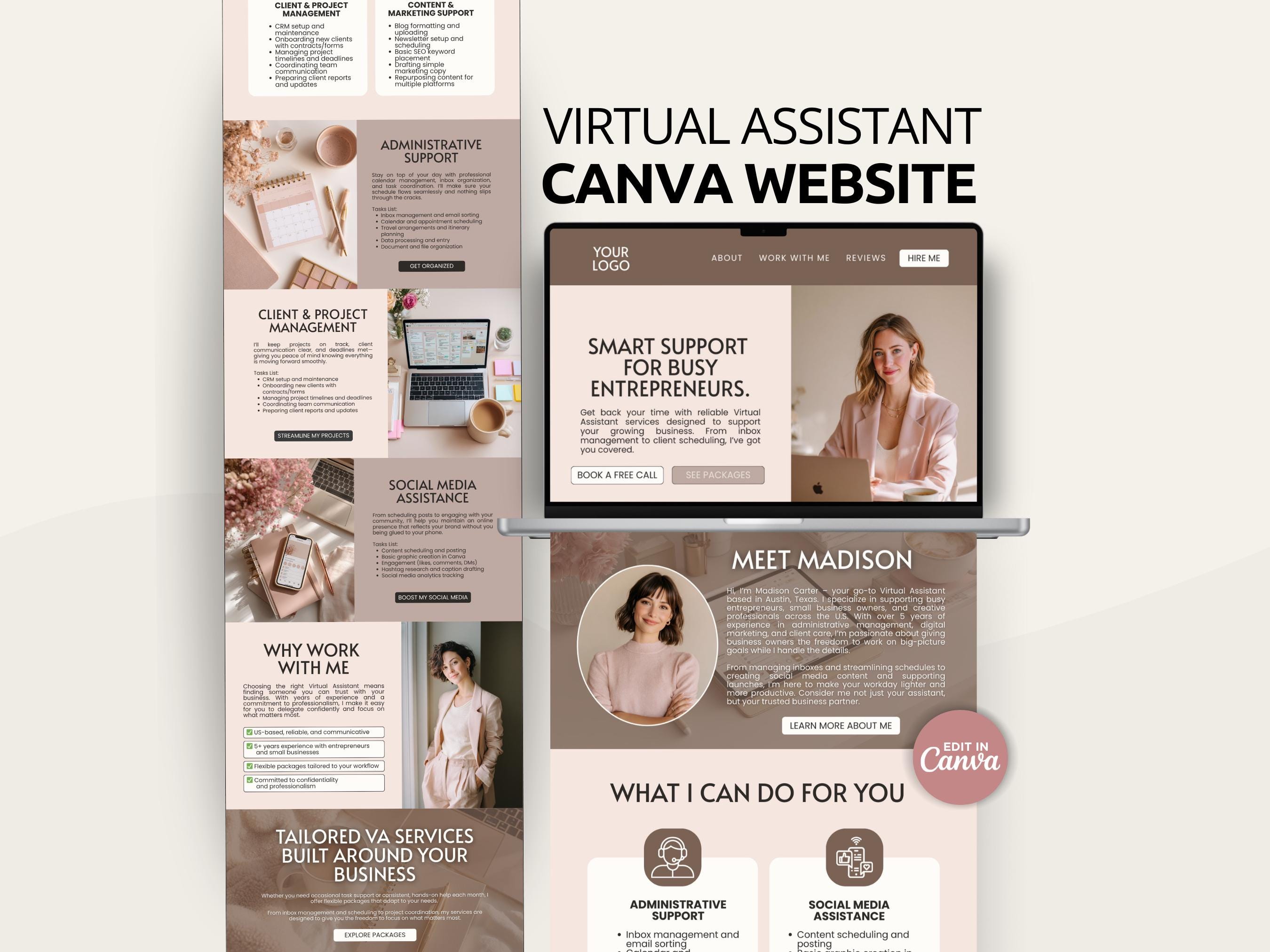 Editable Virtual Assistant Portfolio Website Template for Canva ...