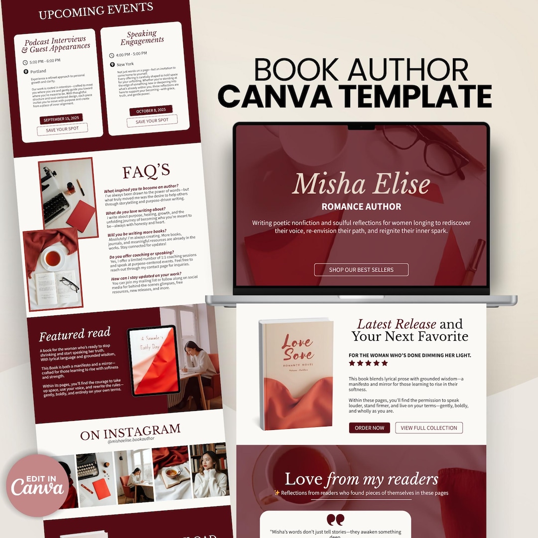Book Author Website Canva Template, One-page Done for You Website ...