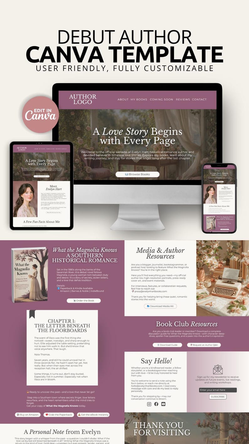 Book Author Website Canva Template, One Page Website for Authors Book Launch Template Writer ...
