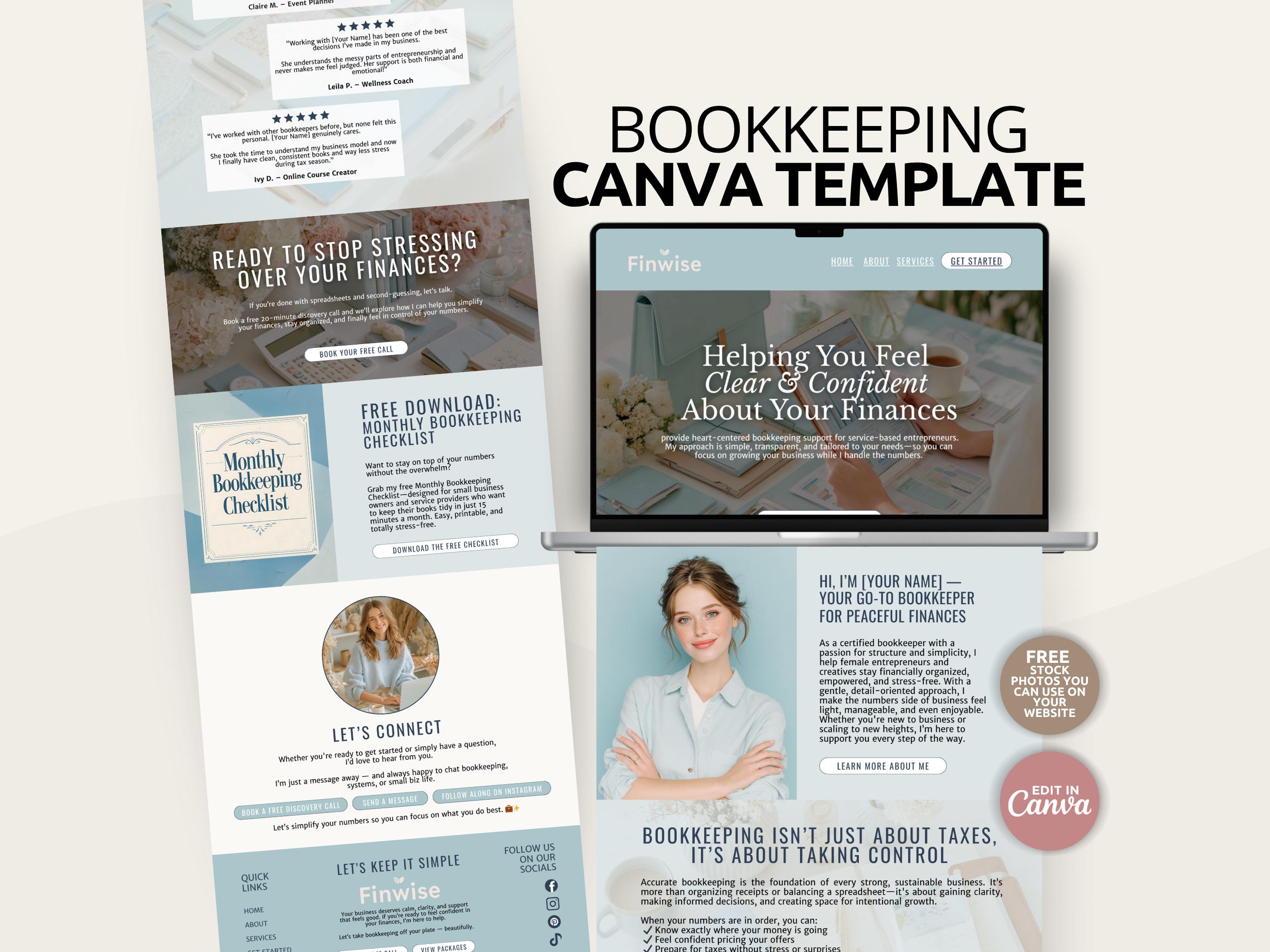Bookkeeping Canva Website Template Accounting Website Virtual Assistant ...