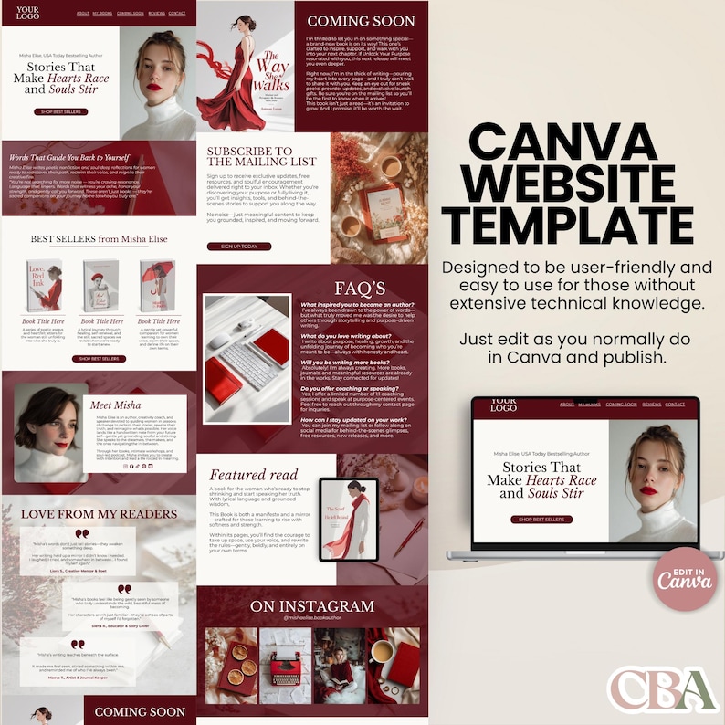 Book Author Website Canva Template, One Page Website for Authors Book ...