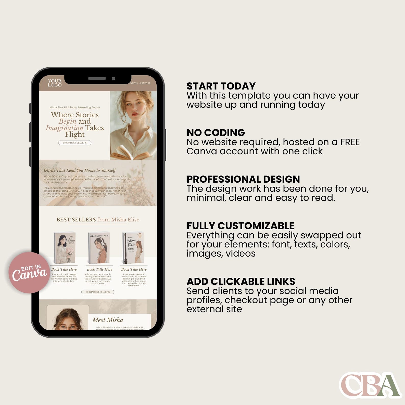 Book Author Website Canva Template, One Page Website for Authors Book ...