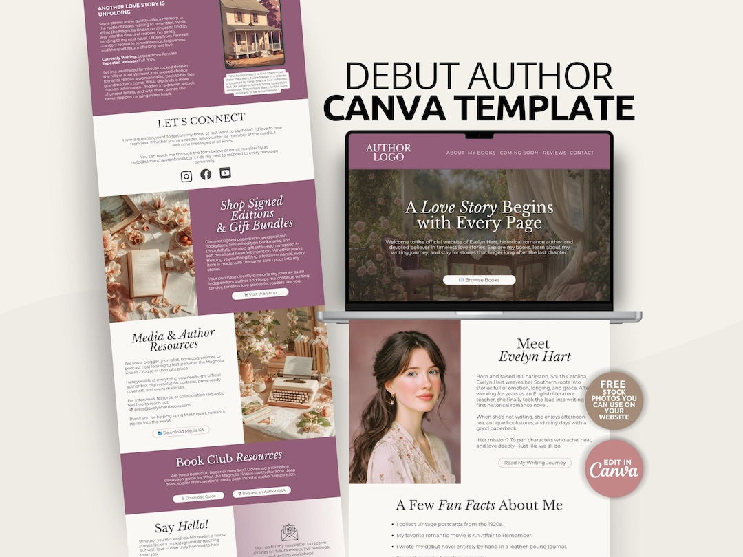 Book Author Website Canva Template, One Page Website for Authors Book ...