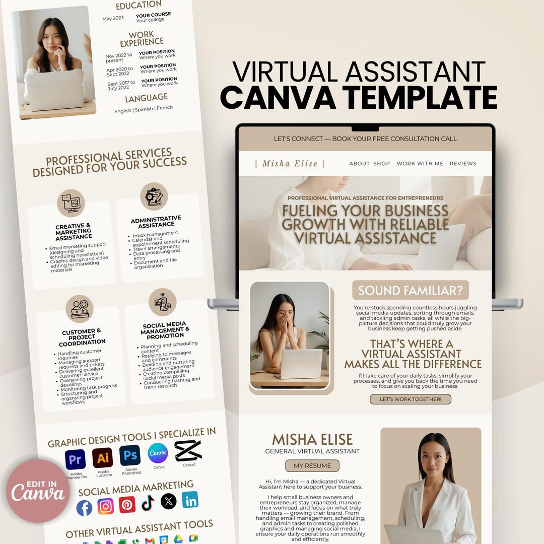 Editable Virtual Assistant Portfolio Website Template for Canva ...