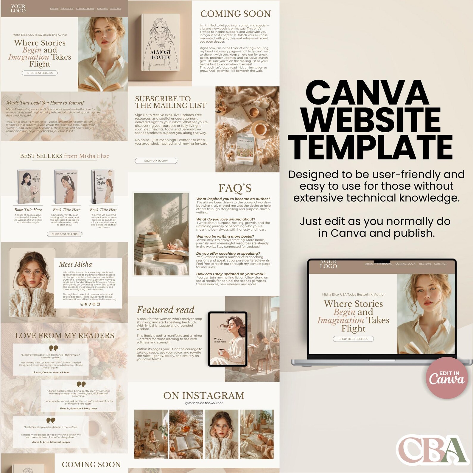 Book Author Website Canva Template, One Page Website for Authors Book ...