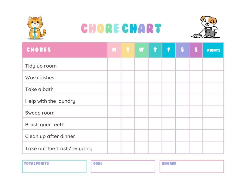 Chore Chart for Kids. Track and Reward Points for Completed Chores - Etsy