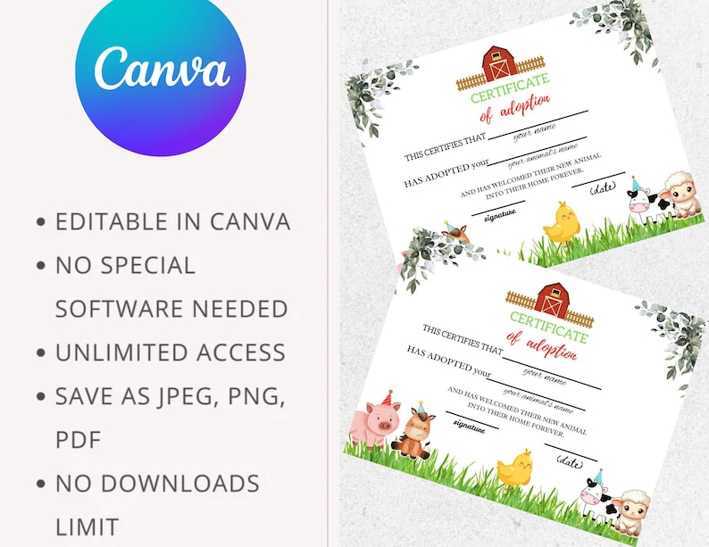 Adopt an Animal Adoption Certificate Farm Animals Adoption Farm Animals ...