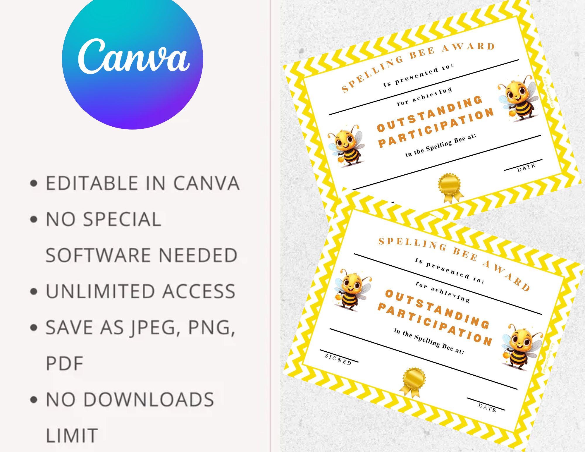 Editable Spelling Bee Certificate Printable, Spelling Bee Certificate ...