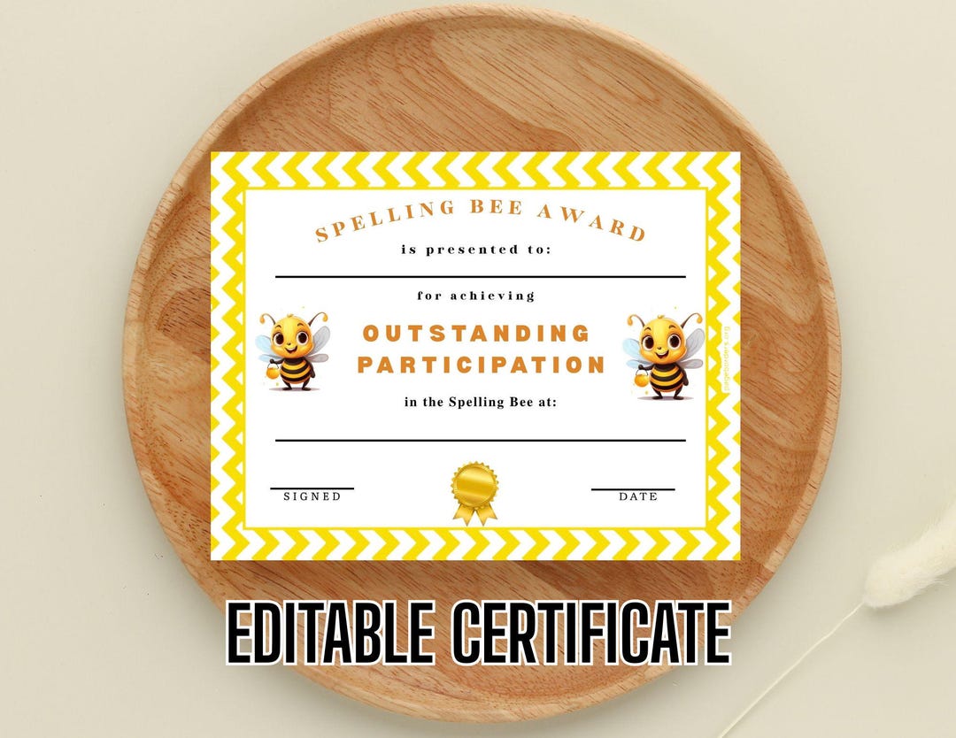 Editable Spelling Bee Certificate Printable, Spelling Bee Certificate ...