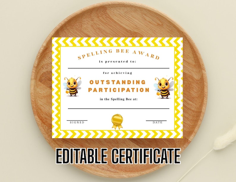 Editable Spelling Bee Certificate Printable, Spelling Bee Certificate ...