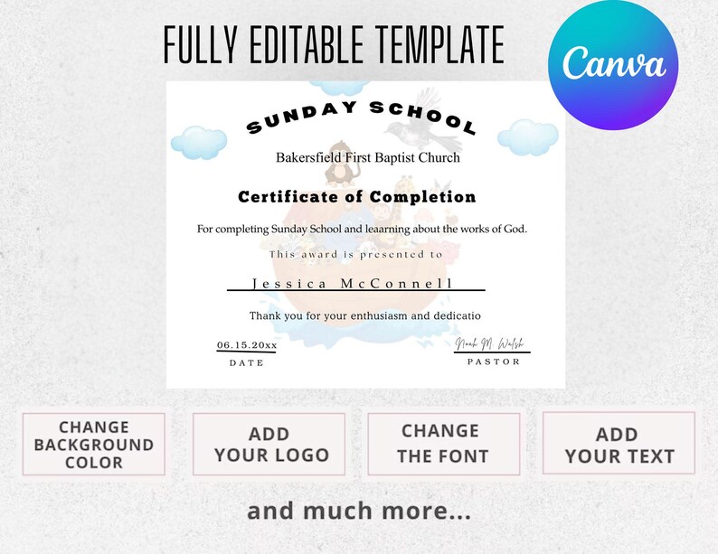 Editable Sunday School Attendance Certificate, Editable Church ...