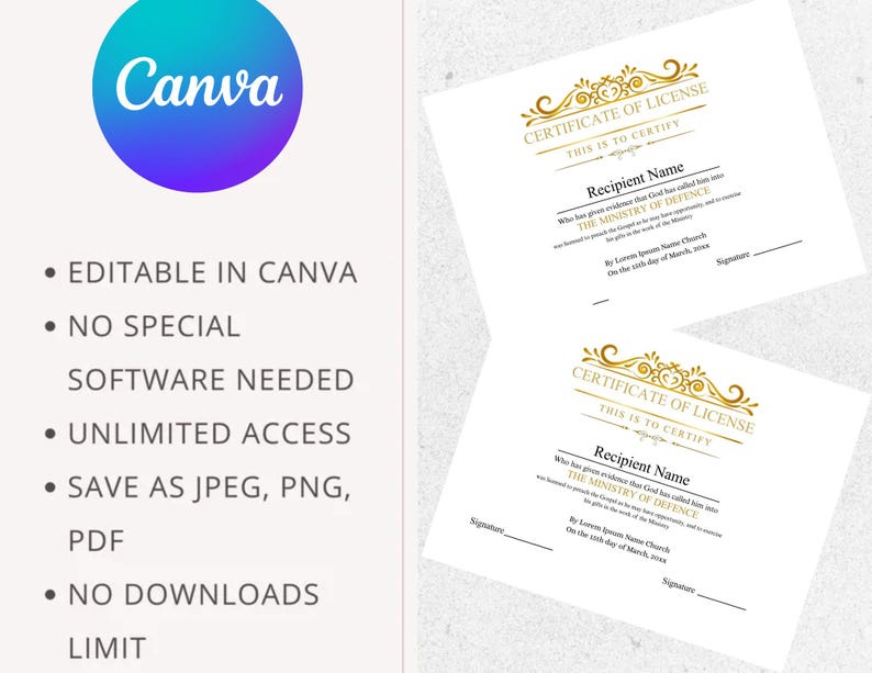 Editable License to Preach Template, Printable Certificate of License ...