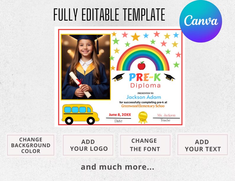 Editable Pre-k Diploma Graduation Pre-k Certificate School Graduation ...