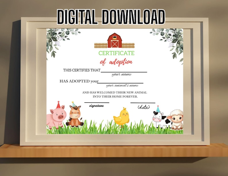Adopt an Animal Adoption Certificate Farm Animals Adoption Farm Animals ...