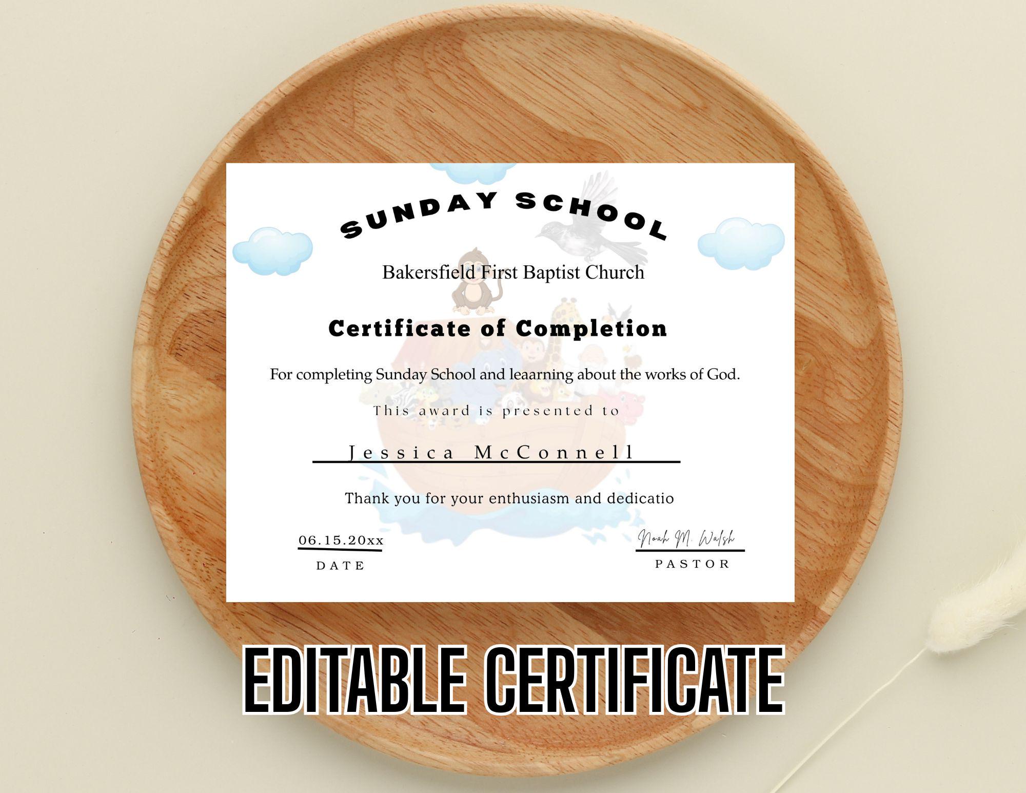 Editable Sunday School Attendance Certificate, Editable Church ...