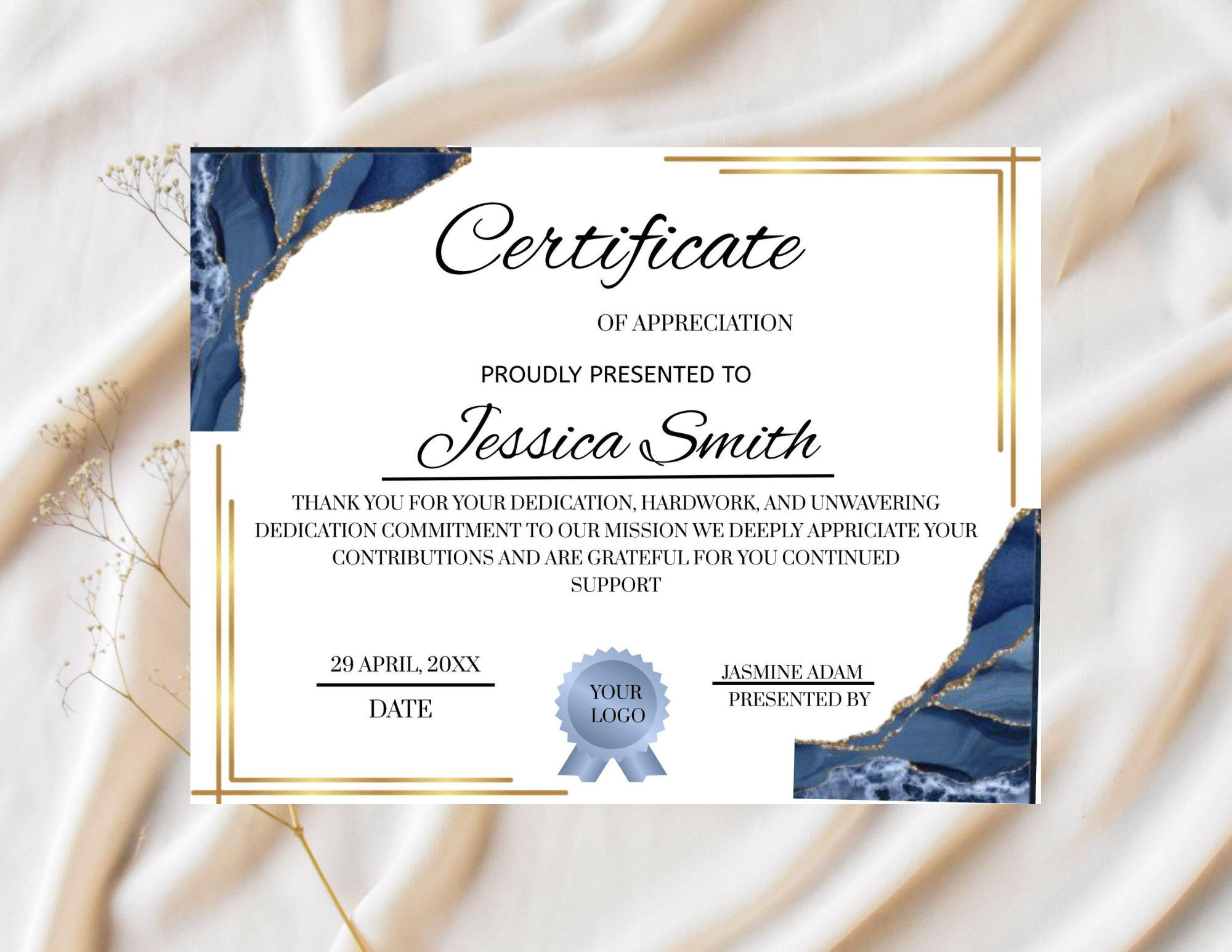 Editable Appreciation Certificate Template Printable Certificate of ...