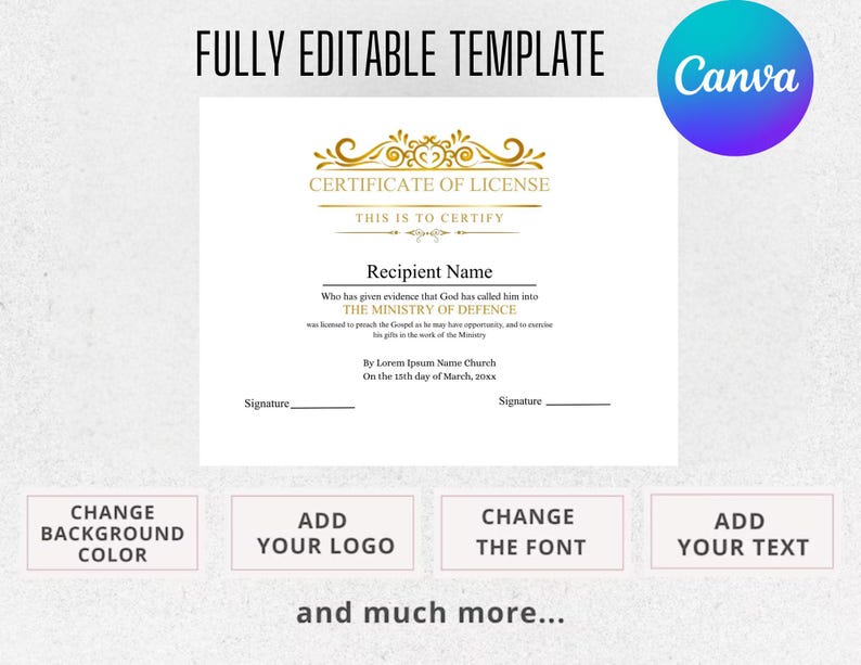 Editable License to Preach Template, Printable Certificate of License ...