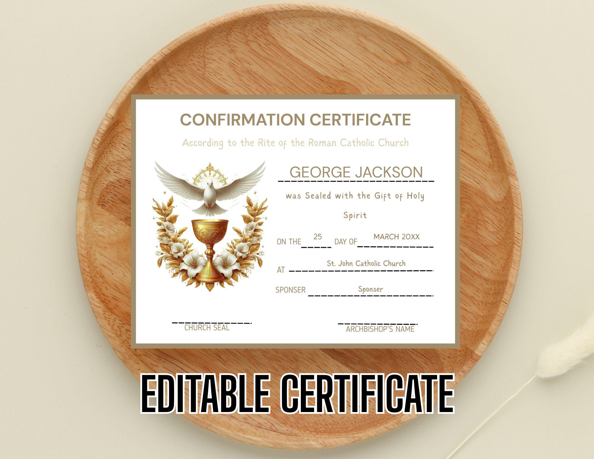 Confirmation Certificate Adult Confirmation Certificate Catholic Confirmation Coordinator ...
