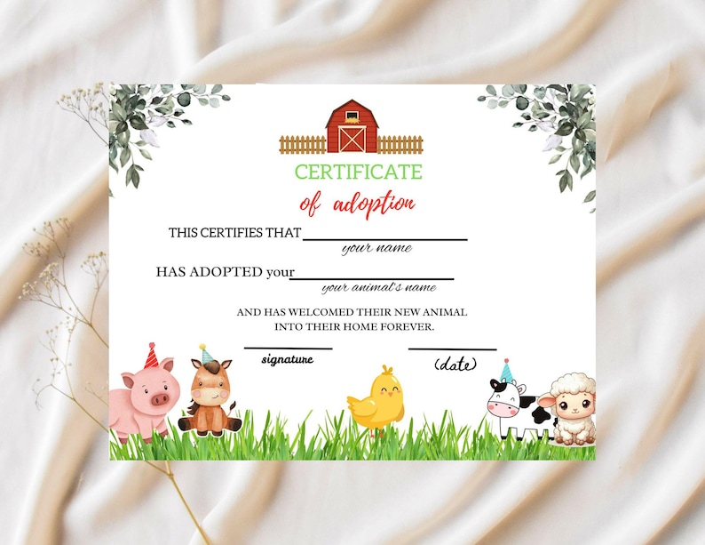 Adopt an Animal Adoption Certificate Farm Animals Adoption Farm Animals ...