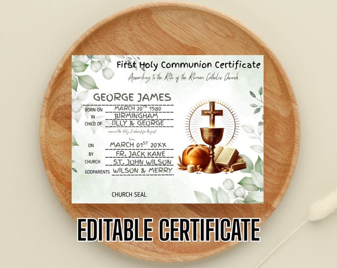 First Holy Communion Certificate Landscape, Customizable, Downloadable ...