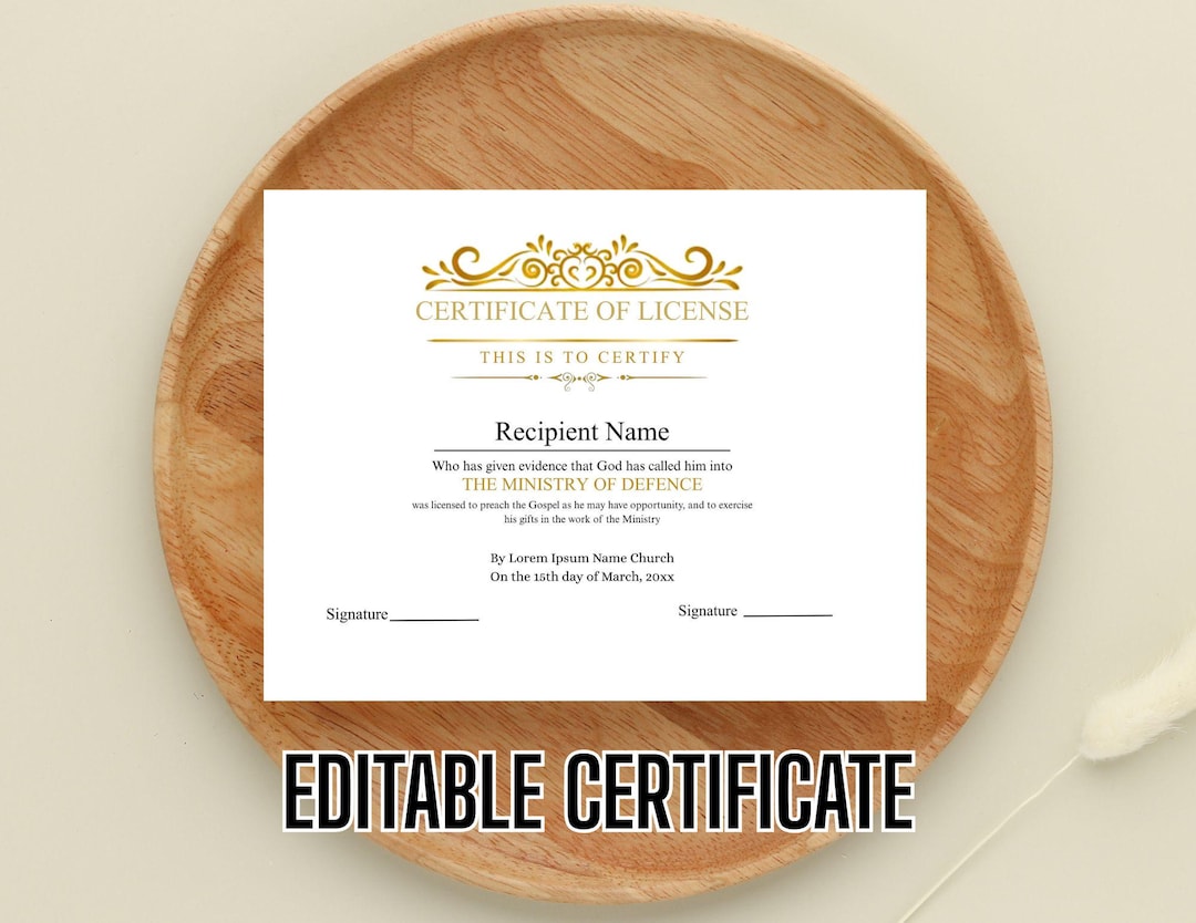 Editable License to Preach Template, Printable Certificate of License ...