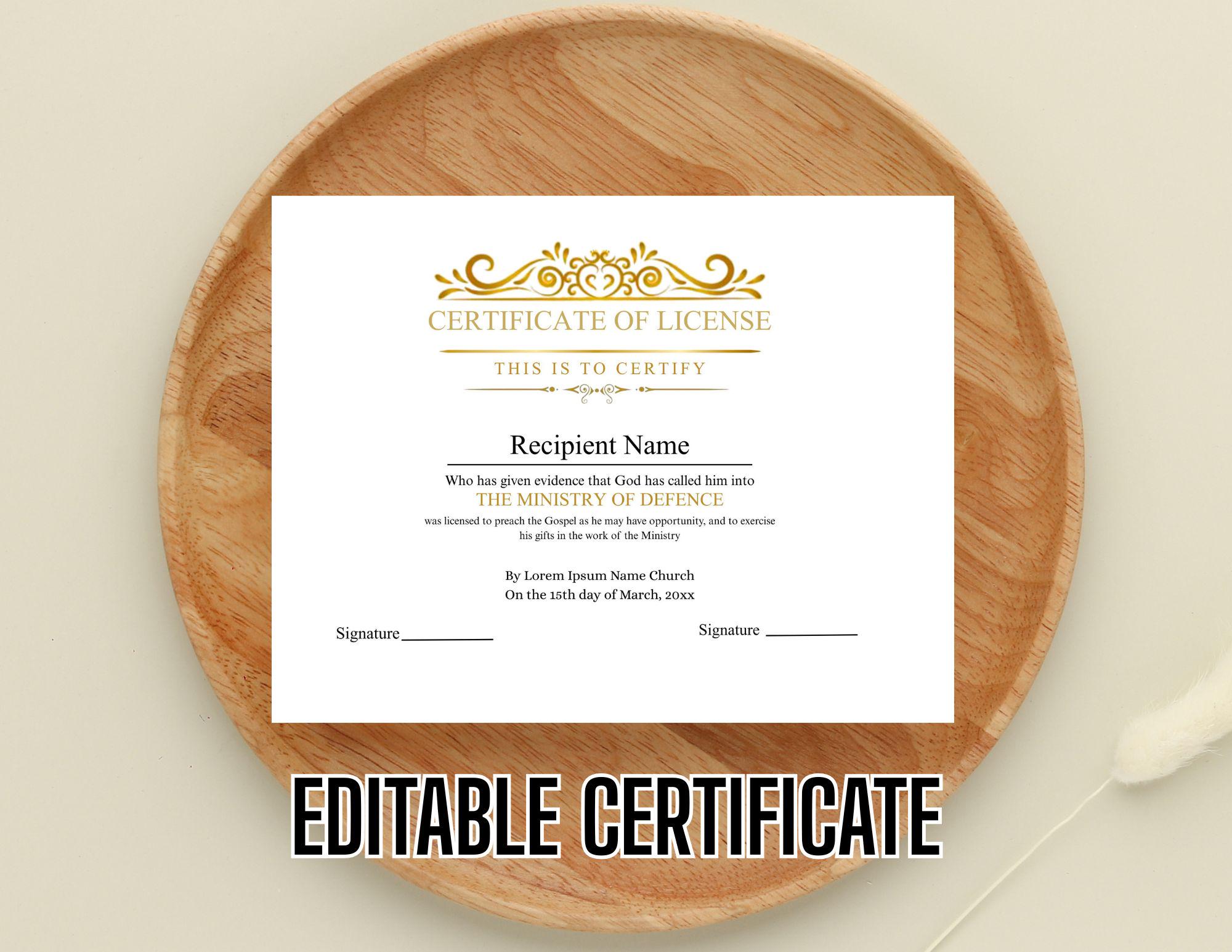 Editable License to Preach Template, Printable Certificate of License ...