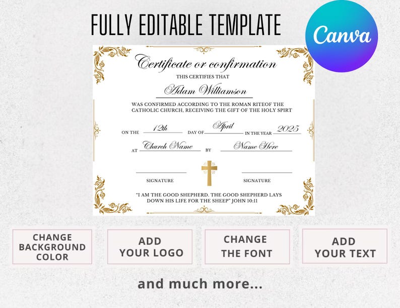 Editable Certificate of Confirmation, Religious Catholic Confirmation ...