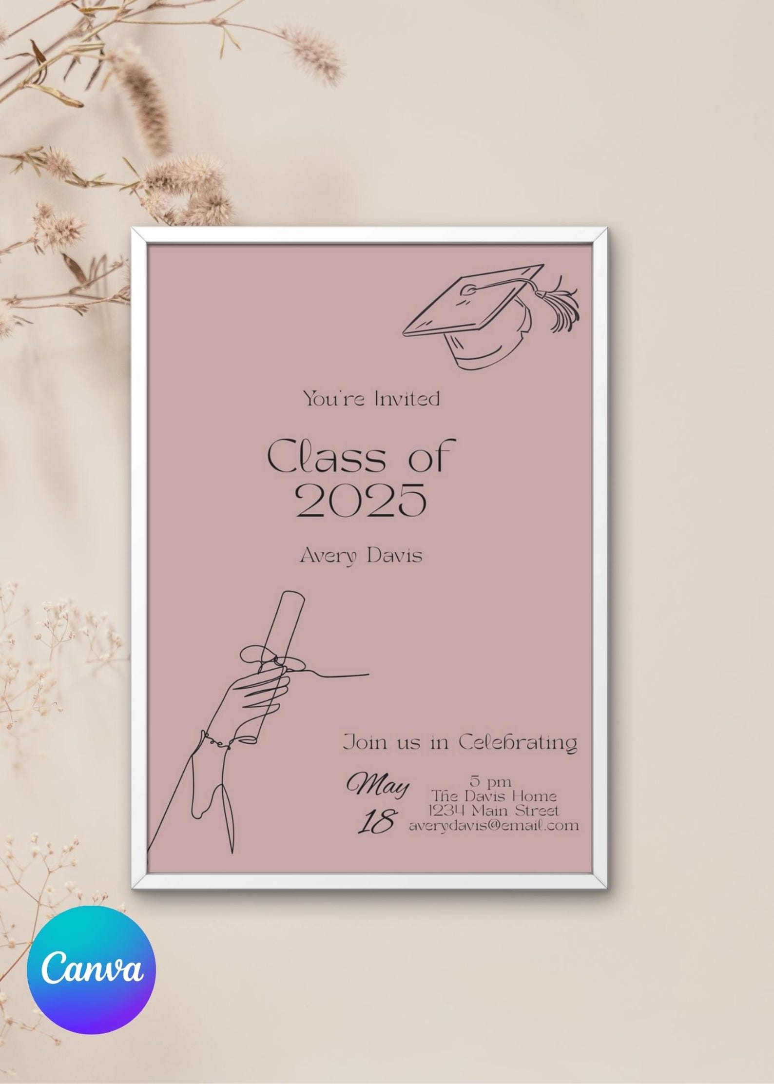 Editable Graduation Invitation Class of 2025 | Pink Grad Party Invite ...