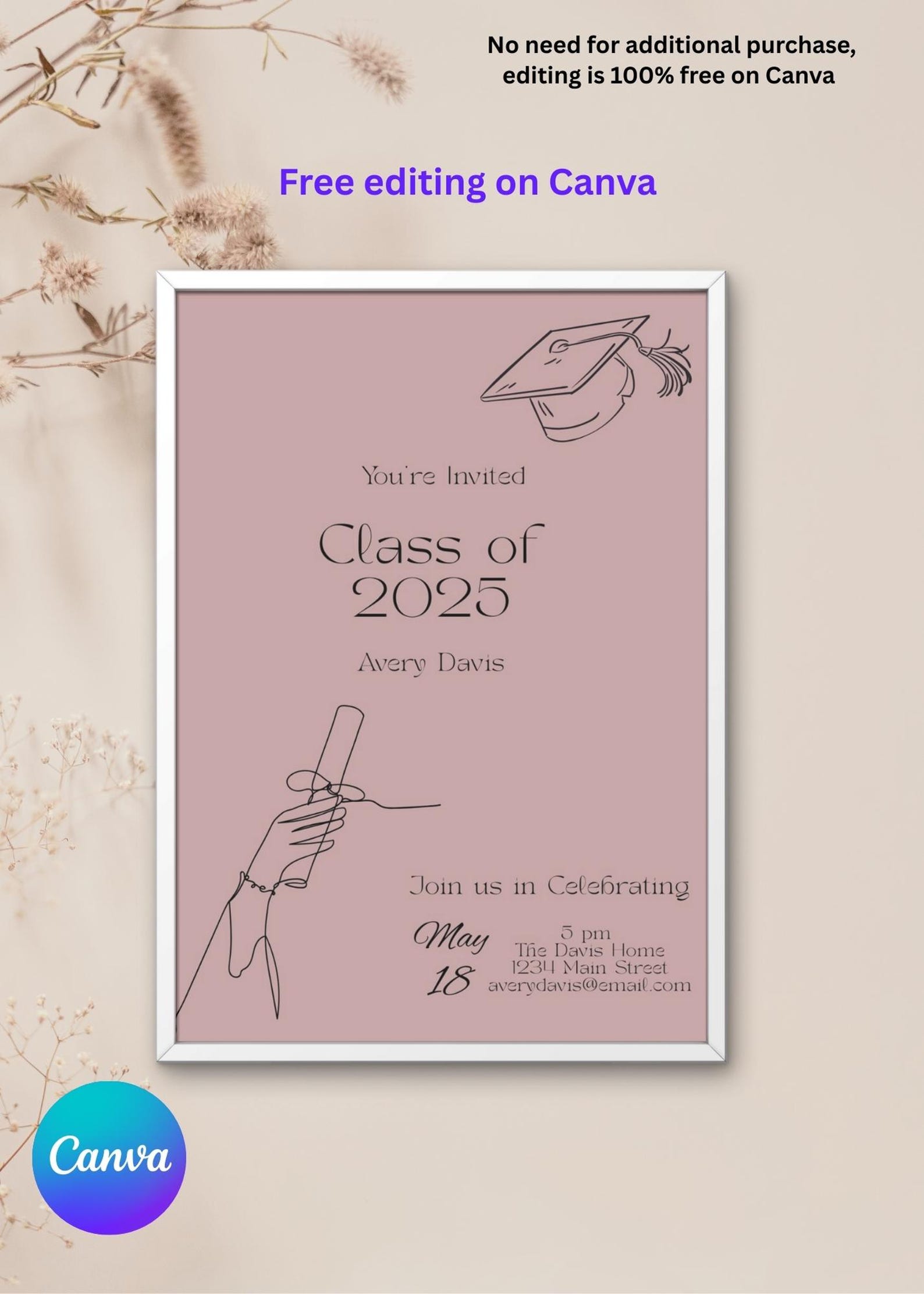 Editable Graduation Invitation Class of 2025 | Pink Grad Party Invite ...