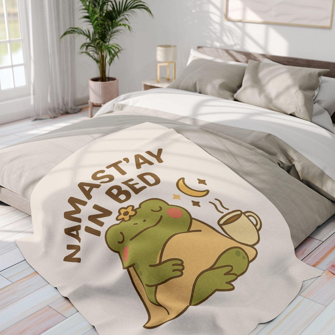 Cream Namastay in Bed Cute Frog Fleece Blanket - Cozy Aesthetic Throw ...