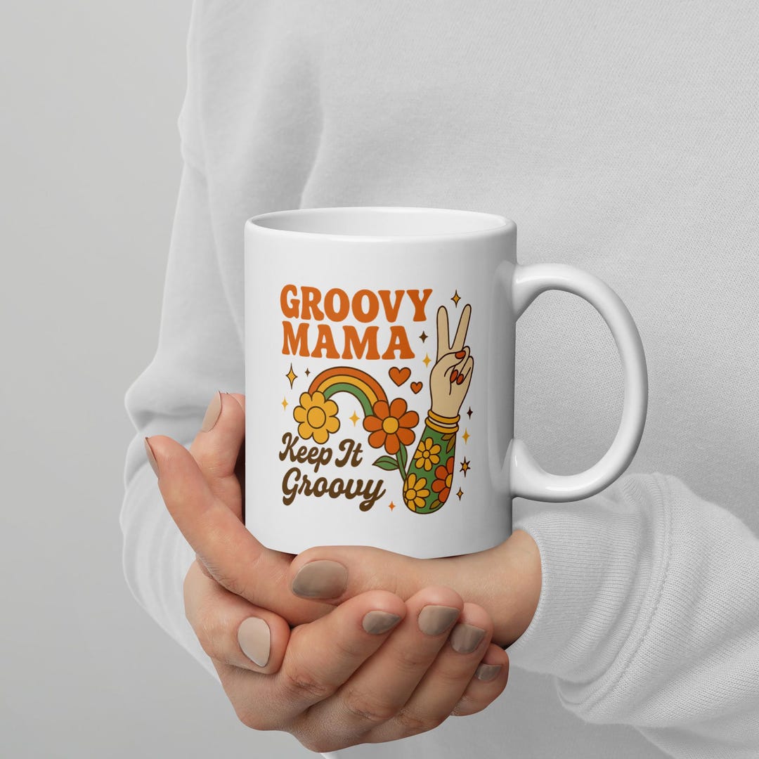 Groovy Mama Mug – Retro 70s Peace Sign Rainbow Flower Coffee Cup ...
