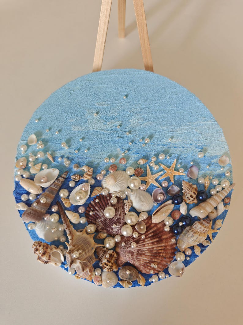 Handmade Ocean Texture Art With Seashells and Pearls – Coastal Round ...
