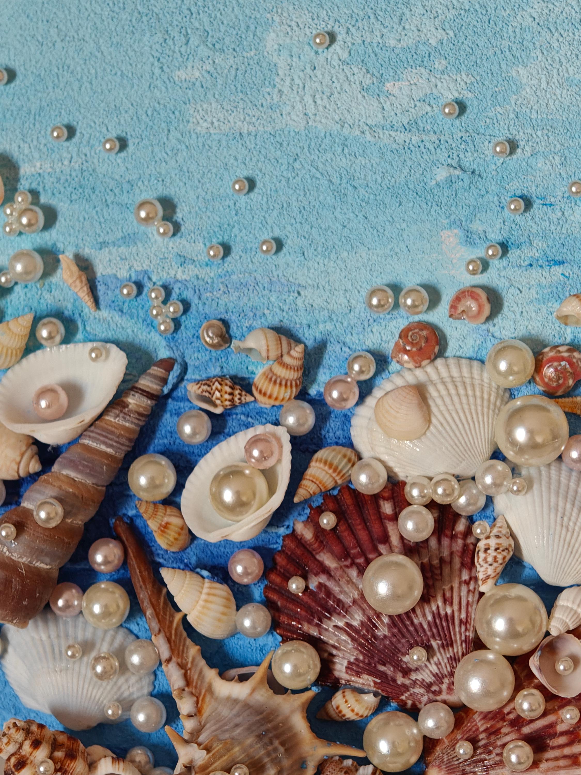 Handmade Ocean Texture Art With Seashells and Pearls – Coastal Round ...