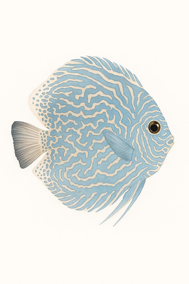 Watercolor Discus Fish Print – Blue Tropical Fish Wall Art, Beach House ...