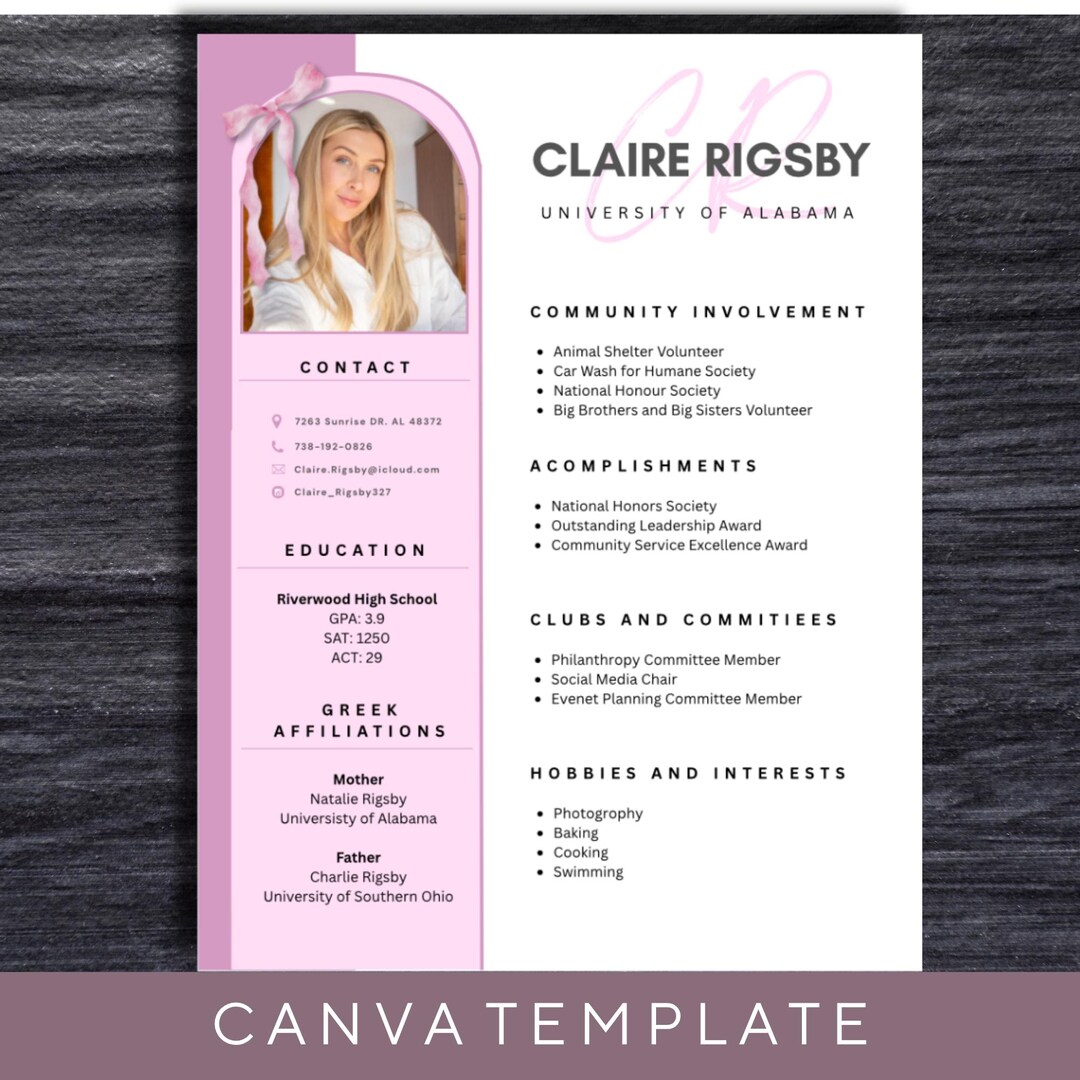 Sorority Rush Resume Template – Pink Recruitment Packet (canva Editable ...