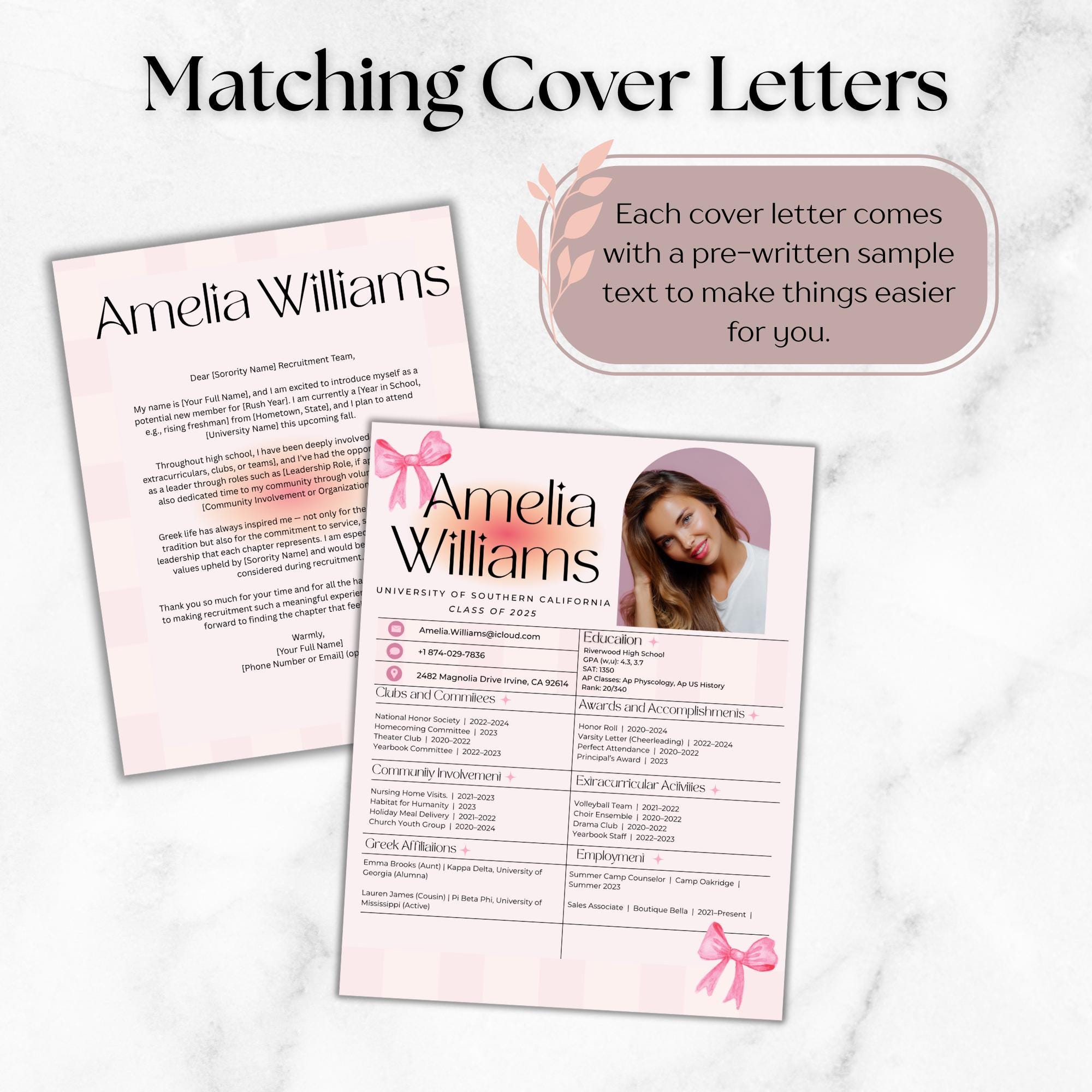 Sorority Rush Resume Template – Canva Editable Packet – Pink ...