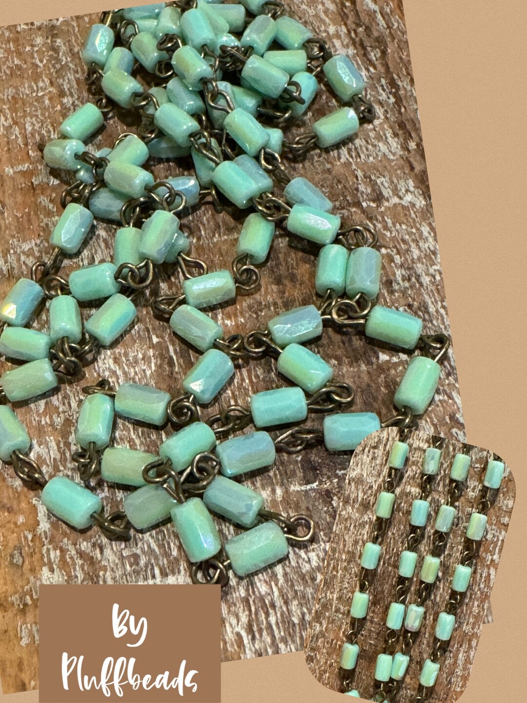 Turquoise Crystal Beaded Chain, Antique Brass Plated, Faceted Cylinder ...