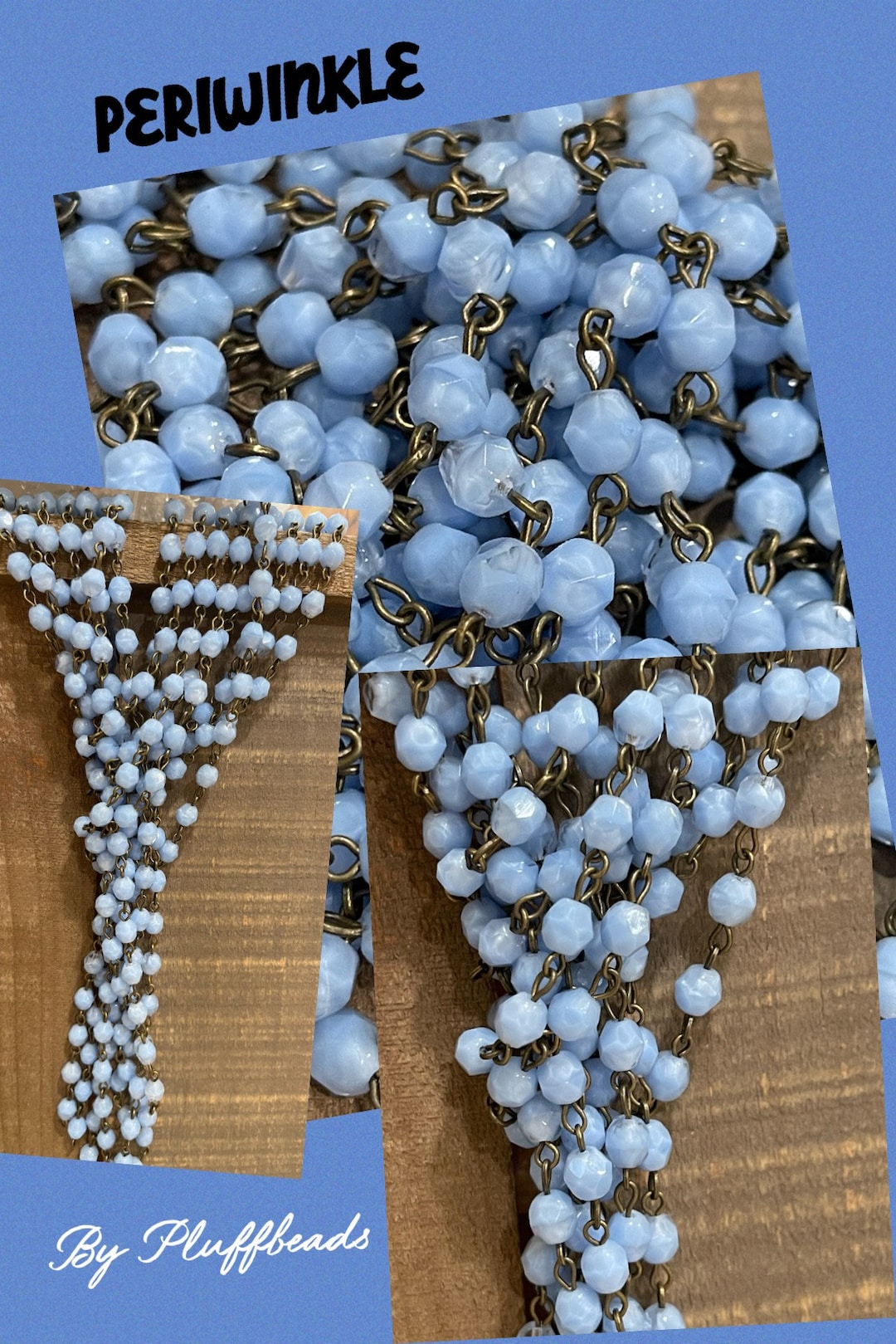 PERIWINKLE Color Vintage Style Linked Beaded Chain Antique Brass Plated ...