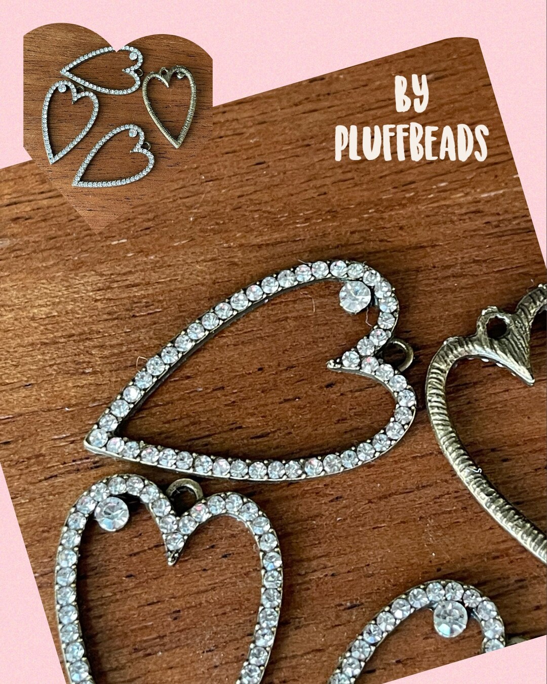Hearts Rhinestone Charm Antique Brass Plated - Etsy