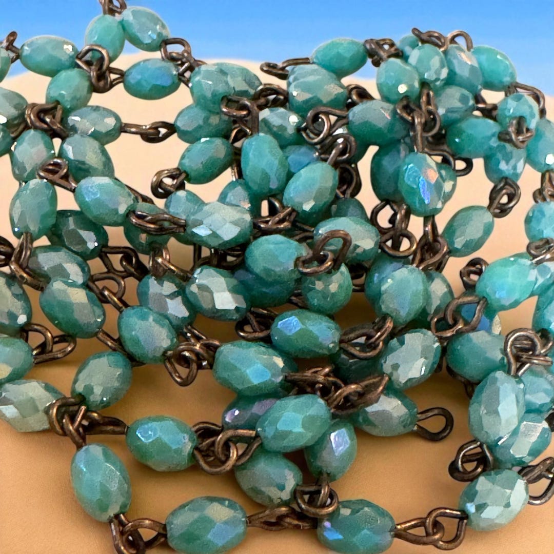 Handmade Teal Crystal Beaded Chain, Antique Brass Rosary Style - Etsy